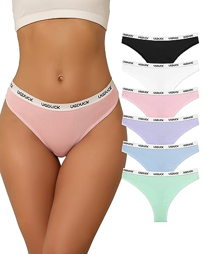 UGDUCK Thongs for Women Pack, Cotton Thongs for Women 6 Pack Cotton Panties High Rise Breathable Underwear S-XL Multicolor