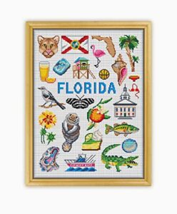 florida collection cs1878 - counted cross stitch kit#2 prime. set of threads, needles, aida fabric, needle threader, embroidery clippers and printed color pattern inside.