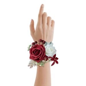 bride bridesmaid wrist corsage set of 2 for mother grandmother sister of bride and groom fake rose wrist flower wedding quinceanera party prom homecoming artificial hand flower (burgundy)