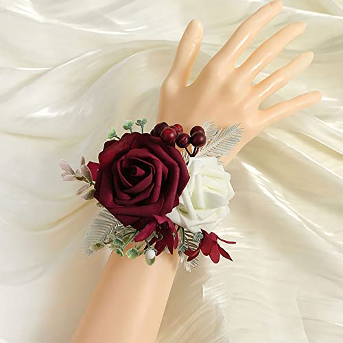 Bride Bridesmaid Wrist Corsage Set of 2 for Mother Grandmother Sister of Bride and Groom Fake Rose Wrist Flower Wedding Quinceanera Party Prom Homecoming Artificial Hand Flower (Burgundy)