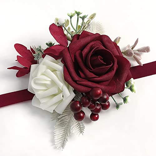 Bride Bridesmaid Wrist Corsage Set of 2 for Mother Grandmother Sister of Bride and Groom Fake Rose Wrist Flower Wedding Quinceanera Party Prom Homecoming Artificial Hand Flower (Burgundy)