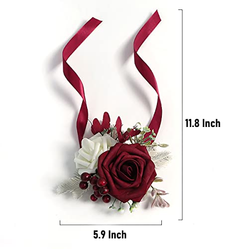 Bride Bridesmaid Wrist Corsage Set of 2 for Mother Grandmother Sister of Bride and Groom Fake Rose Wrist Flower Wedding Quinceanera Party Prom Homecoming Artificial Hand Flower (Burgundy)