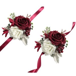 Bride Bridesmaid Wrist Corsage Set of 2 for Mother Grandmother Sister of Bride and Groom Fake Rose Wrist Flower Wedding Quinceanera Party Prom Homecoming Artificial Hand Flower (Burgundy)