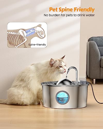 Cat Water Fountain Stainless Steel, AONBOY 108oz/3.2L Cat Fountain, Dog Water Fountain with Water Level Window, Hemispherical Shape, Multi-Filter, Silent Pump, Water Tap, Provides Flowing Water