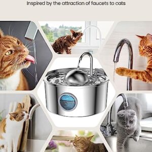 Cat Water Fountain Stainless Steel, AONBOY 108oz/3.2L Cat Fountain, Dog Water Fountain with Water Level Window, Hemispherical Shape, Multi-Filter, Silent Pump, Water Tap, Provides Flowing Water