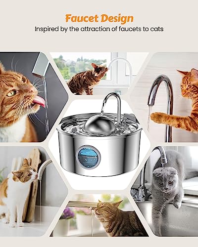 Cat Water Fountain Stainless Steel, AONBOY 108oz/3.2L Cat Fountain, Dog Water Fountain with Water Level Window, Hemispherical Shape, Multi-Filter, Silent Pump, Water Tap, Provides Flowing Water