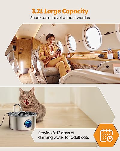 Cat Water Fountain Stainless Steel, AONBOY 108oz/3.2L Cat Fountain, Dog Water Fountain with Water Level Window, Hemispherical Shape, Multi-Filter, Silent Pump, Water Tap, Provides Flowing Water