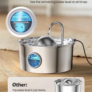 Cat Water Fountain Stainless Steel, AONBOY 108oz/3.2L Cat Fountain, Dog Water Fountain with Water Level Window, Hemispherical Shape, Multi-Filter, Silent Pump, Water Tap, Provides Flowing Water