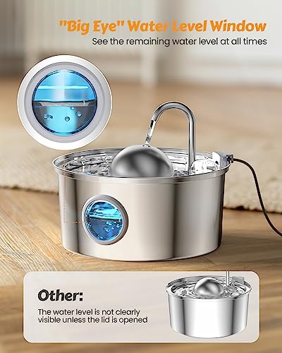 Cat Water Fountain Stainless Steel, AONBOY 108oz/3.2L Cat Fountain, Dog Water Fountain with Water Level Window, Hemispherical Shape, Multi-Filter, Silent Pump, Water Tap, Provides Flowing Water