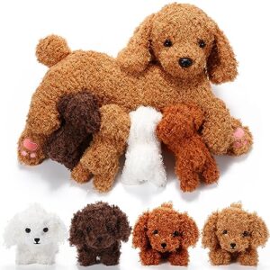 honoson nurturing dog stuffed animal with puppies, mommy dog with 4 baby puppy soft cute stuffed plush dog puppy for kids birthday gifts party favors (curly dog)