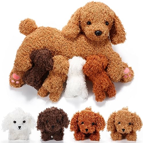 Honoson Nurturing Dog Stuffed Animal with Puppies, Mommy Dog with 4 Baby Puppy Soft Cute Stuffed Plush Dog Puppy for Kids Birthday Gifts Party Favors (Curly Dog)