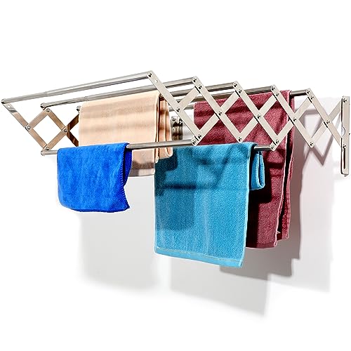 kenvc Wall Mount Clothes Drying Rack, Stainless Steel & Space-Saving Laundry Rack, 7 Rods Crossbar, 3.6 Lbs, 18.33 Linear Feet, 31.5"x23.6"x8.3", 60lb Capacity, Medium, White