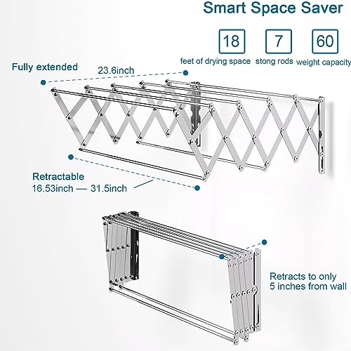 kenvc Wall Mount Clothes Drying Rack, Stainless Steel & Space-Saving Laundry Rack, 7 Rods Crossbar, 3.6 Lbs, 18.33 Linear Feet, 31.5"x23.6"x8.3", 60lb Capacity, Medium, White