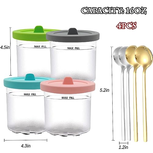 Hatende 4 Pcs Creami Pint Containers for Ninja Creami Pints and Lids - 4 Pack,16oz,Creami Deluxe Pints Compatible with Ninja Ice Cream Maker Machine NC299AMZ NC300 NC301,Dishwasher Safe,Clear