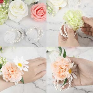 4Pcs Elastic Pearl Wrist Corsage Bands Wristlets Stretch Pearl Wedding Wristband Faux Pearl Bead Corsage Accessories Bracelets DIY Wrist Bands for Wedding Party Prom Bride Bridesmaid Handmade Corsage