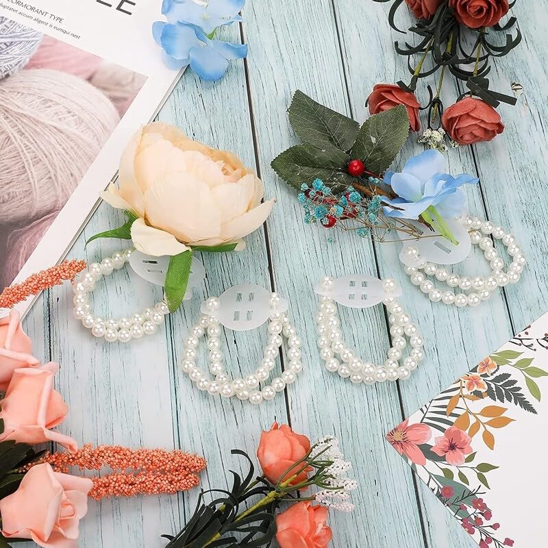 4Pcs Elastic Pearl Wrist Corsage Bands Wristlets Stretch Pearl Wedding Wristband Faux Pearl Bead Corsage Accessories Bracelets DIY Wrist Bands for Wedding Party Prom Bride Bridesmaid Handmade Corsage