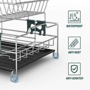 Youvip Dish Drying Rack for Kitchen Counter, 2 Tier Dish Racks with Drainboard Set, Dish Drainers with Utensil Holder, Cups Holder, Kinfe Block and Drying mat