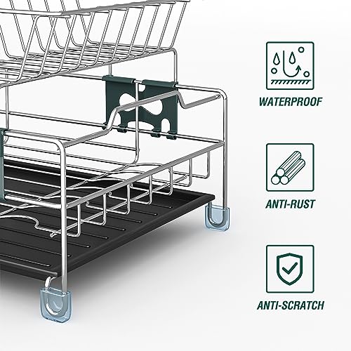 Youvip Dish Drying Rack for Kitchen Counter, 2 Tier Dish Racks with Drainboard Set, Dish Drainers with Utensil Holder, Cups Holder, Kinfe Block and Drying mat