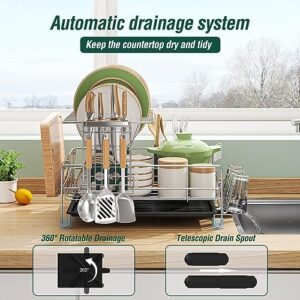 Youvip Dish Drying Rack for Kitchen Counter, 2 Tier Dish Racks with Drainboard Set, Dish Drainers with Utensil Holder, Cups Holder, Kinfe Block and Drying mat