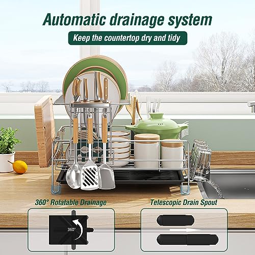 Youvip Dish Drying Rack for Kitchen Counter, 2 Tier Dish Racks with Drainboard Set, Dish Drainers with Utensil Holder, Cups Holder, Kinfe Block and Drying mat