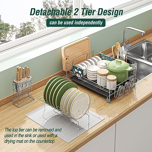 Youvip Dish Drying Rack for Kitchen Counter, 2 Tier Dish Racks with Drainboard Set, Dish Drainers with Utensil Holder, Cups Holder, Kinfe Block and Drying mat