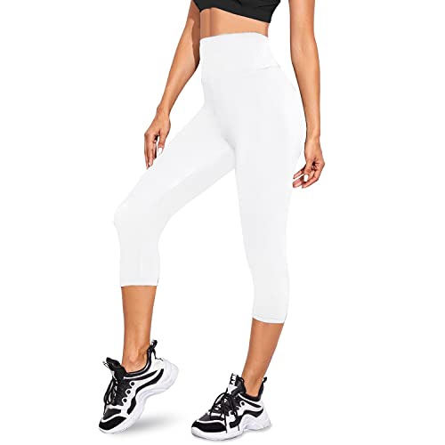 we fleece Women’s Soft Capri Leggings for Women-High Waisted Tummy Control Non See Through Workout Running Black Leggings Yoga Pants (White, Small-Medium)