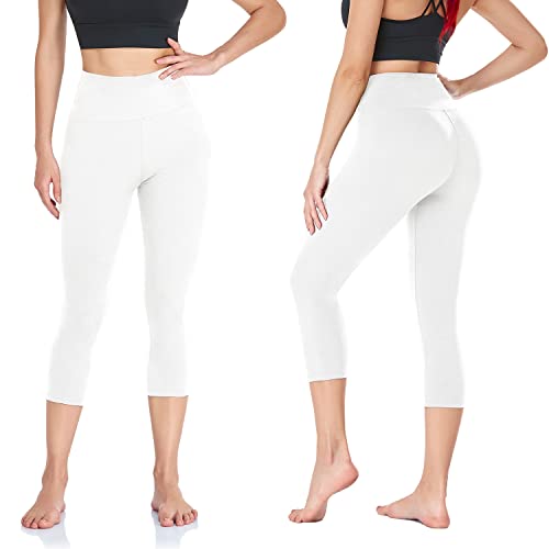 we fleece Women’s Soft Capri Leggings for Women-High Waisted Tummy Control Non See Through Workout Running Black Leggings Yoga Pants (White, Small-Medium)