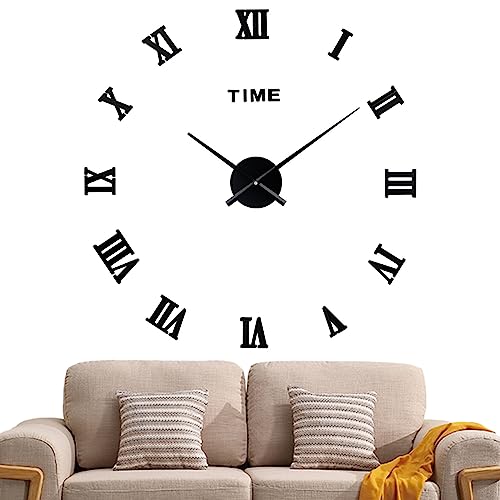 LIDNADY Roman Numerals DIY Wall Clock,3D Frameless Wall Clock,Large Modern Design Decor Sticker DIY Wall Clock Kit for Bedroom Living Room Home Decorations,Adjustable Size and Easy to Assemble (Black)