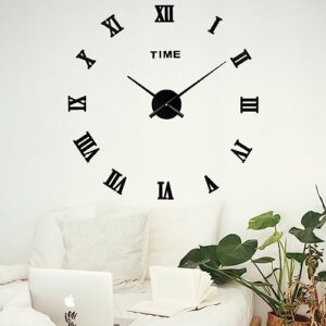 LIDNADY Roman Numerals DIY Wall Clock,3D Frameless Wall Clock,Large Modern Design Decor Sticker DIY Wall Clock Kit for Bedroom Living Room Home Decorations,Adjustable Size and Easy to Assemble (Black)