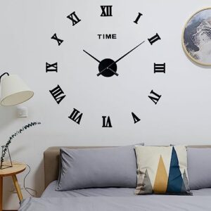 LIDNADY Roman Numerals DIY Wall Clock,3D Frameless Wall Clock,Large Modern Design Decor Sticker DIY Wall Clock Kit for Bedroom Living Room Home Decorations,Adjustable Size and Easy to Assemble (Black)