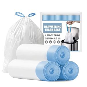 small trash bags 4 gallon - drawstring 4 gallon trash bag, tear-free 4 gal small garbage bags, separated unscented white small trash bags bathroom trash bags, 57 count