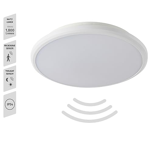 9inch Motion Sensor LED Ceiling Light, 18W 6000K 1800LM Flush Mount Round Lighting Fixture for Indoor/Outdoor IP54 Waterproof for Hallway, Laundry Room, Front Porch, Closet, Stairway, Basement (White)