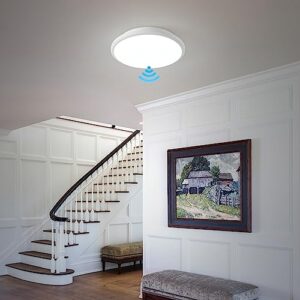 9inch Motion Sensor LED Ceiling Light, 18W 6000K 1800LM Flush Mount Round Lighting Fixture for Indoor/Outdoor IP54 Waterproof for Hallway, Laundry Room, Front Porch, Closet, Stairway, Basement (White)