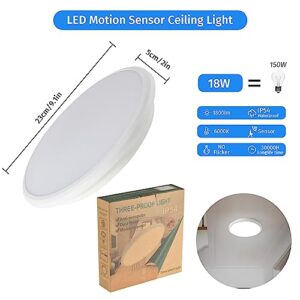 9inch Motion Sensor LED Ceiling Light, 18W 6000K 1800LM Flush Mount Round Lighting Fixture for Indoor/Outdoor IP54 Waterproof for Hallway, Laundry Room, Front Porch, Closet, Stairway, Basement (White)