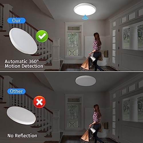 9inch Motion Sensor LED Ceiling Light, 18W 6000K 1800LM Flush Mount Round Lighting Fixture for Indoor/Outdoor IP54 Waterproof for Hallway, Laundry Room, Front Porch, Closet, Stairway, Basement (White)