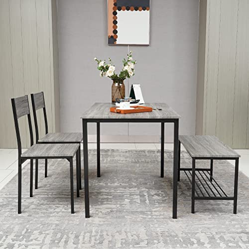 Puluomis Dining Table and 2 Chairs with Bench - Breakfast Dining Table and Chairs Set - Modern Design 4 Piece Dining Room Set for Kitchen and Home, Grey