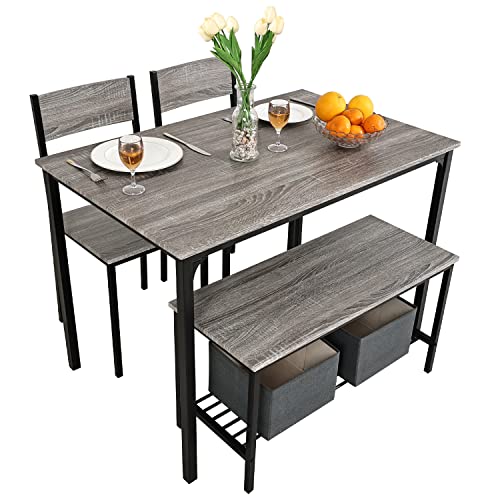 Puluomis Dining Table and 2 Chairs with Bench - Breakfast Dining Table and Chairs Set - Modern Design 4 Piece Dining Room Set for Kitchen and Home, Grey