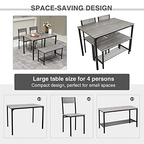 Puluomis Dining Table and 2 Chairs with Bench - Breakfast Dining Table and Chairs Set - Modern Design 4 Piece Dining Room Set for Kitchen and Home, Grey