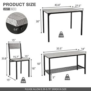 Puluomis Dining Table and 2 Chairs with Bench - Breakfast Dining Table and Chairs Set - Modern Design 4 Piece Dining Room Set for Kitchen and Home, Grey