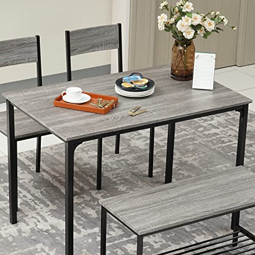 Puluomis Dining Table and 2 Chairs with Bench - Breakfast Dining Table and Chairs Set - Modern Design 4 Piece Dining Room Set for Kitchen and Home, Grey