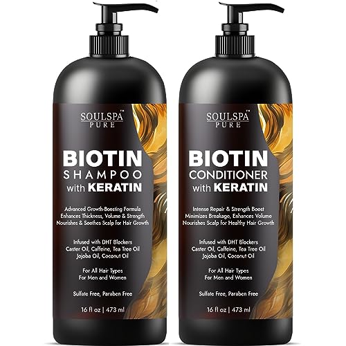 SOULSPA PURE Biotin Shampoo and Conditioner Set with Keratin - Advanced Anti-Thinning, Hair Growth & Repair Formula - Soothes Scalp, with Tea Tree Oil & DHT Blockers - for Men & Women - 16 fl oz each