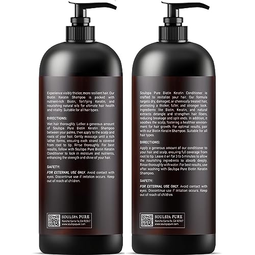 SOULSPA PURE Biotin Shampoo and Conditioner Set with Keratin - Advanced Anti-Thinning, Hair Growth & Repair Formula - Soothes Scalp, with Tea Tree Oil & DHT Blockers - for Men & Women - 16 fl oz each