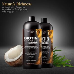 SOULSPA PURE Biotin Shampoo and Conditioner Set with Keratin - Advanced Anti-Thinning, Hair Growth & Repair Formula - Soothes Scalp, with Tea Tree Oil & DHT Blockers - for Men & Women - 16 fl oz each