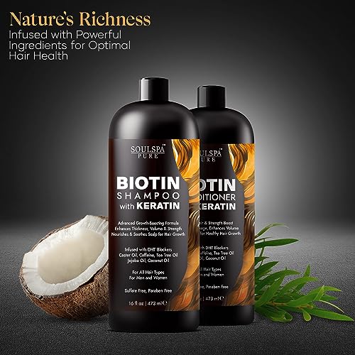 SOULSPA PURE Biotin Shampoo and Conditioner Set with Keratin - Advanced Anti-Thinning, Hair Growth & Repair Formula - Soothes Scalp, with Tea Tree Oil & DHT Blockers - for Men & Women - 16 fl oz each