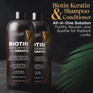 SOULSPA PURE Biotin Shampoo and Conditioner Set with Keratin - Advanced Anti-Thinning, Hair Growth & Repair Formula - Soothes Scalp, with Tea Tree Oil & DHT Blockers - for Men & Women - 16 fl oz each