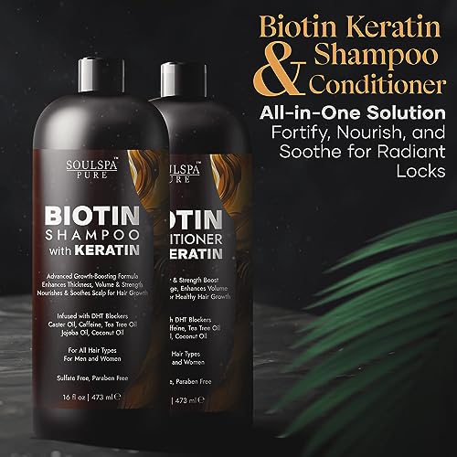 SOULSPA PURE Biotin Shampoo and Conditioner Set with Keratin - Advanced Anti-Thinning, Hair Growth & Repair Formula - Soothes Scalp, with Tea Tree Oil & DHT Blockers - for Men & Women - 16 fl oz each