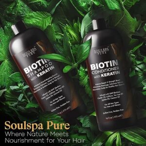 SOULSPA PURE Biotin Shampoo and Conditioner Set with Keratin - Advanced Anti-Thinning, Hair Growth & Repair Formula - Soothes Scalp, with Tea Tree Oil & DHT Blockers - for Men & Women - 16 fl oz each