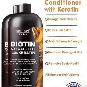 SOULSPA PURE Biotin Shampoo and Conditioner Set with Keratin - Advanced Anti-Thinning, Hair Growth & Repair Formula - Soothes Scalp, with Tea Tree Oil & DHT Blockers - for Men & Women - 16 fl oz each