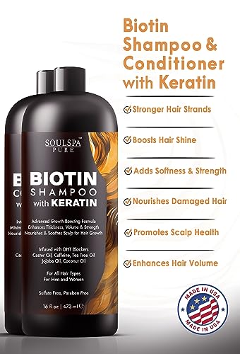 SOULSPA PURE Biotin Shampoo and Conditioner Set with Keratin - Advanced Anti-Thinning, Hair Growth & Repair Formula - Soothes Scalp, with Tea Tree Oil & DHT Blockers - for Men & Women - 16 fl oz each