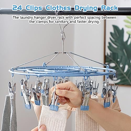 Cayxenful Clothes Drying Rack Stainless, 360° Rotating Steel Laundry Drying Rack Whit 24 Clips, Foldable Drying Rack, Drip Drying Hanger for Socks, Bras, Lingerie, Clothes